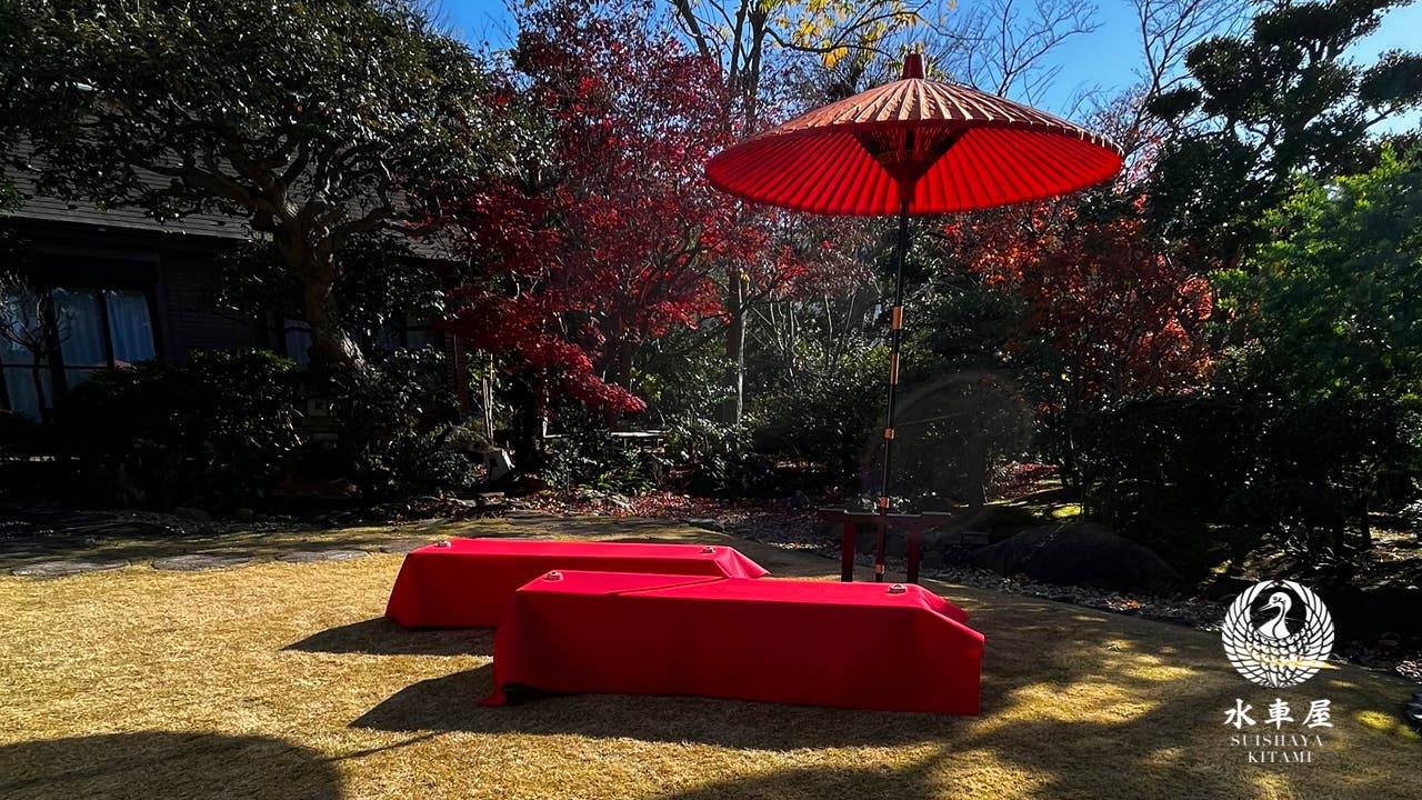 撮影小物　野点笠セット（赤毛氈付 床几台 2脚 付）の画像3