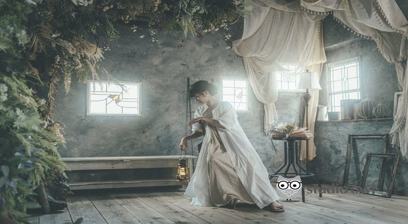 【4m超えドライフラワー造形】本格的撮影スタジオ｜漆喰壁｜レンガ壁｜カーテン装飾｜カフェ板｜タイル床｜アパレル｜背景×10