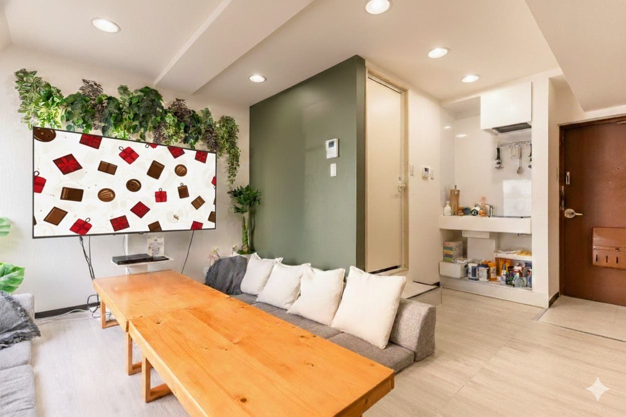 渋谷駅徒歩6分🚶‍♀️白×木目の大人おしゃれスぺース🌿女子会・推し活・誕生日会・映画鑑賞✨65型TV◎ゲーム🎮歓送迎会🍷の写真1