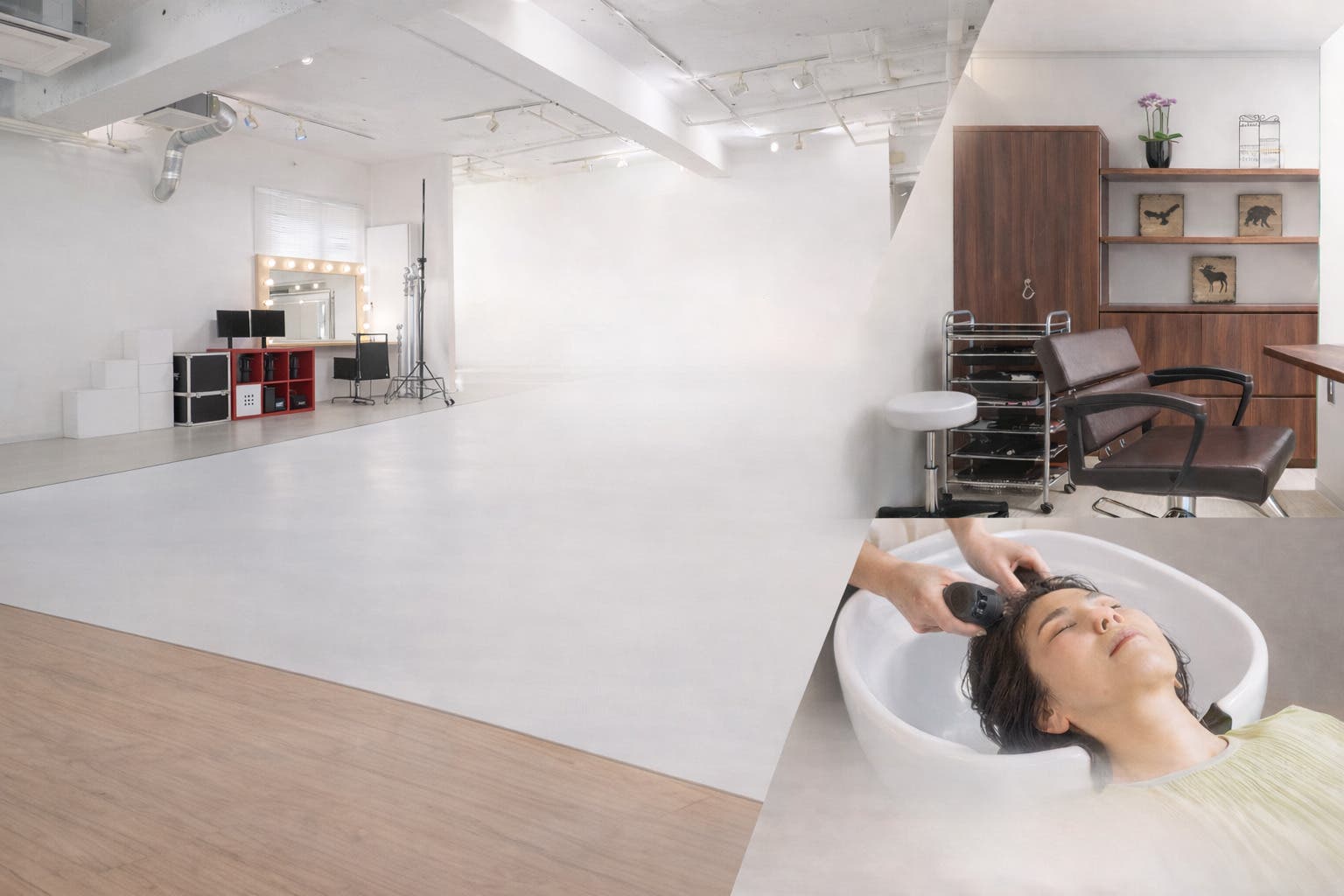 メイクブース、シャンプー台完備で、美容関連の撮影に最適なスタジオ。白ホリゾントを備え、ヘアスタイル撮影、美容関連セミナーにお勧めの写真1