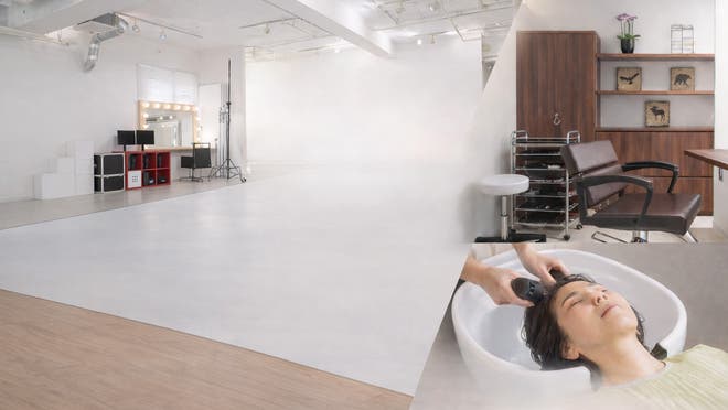 メイクブース、シャンプー台完備で、美容関連の撮影に最適なスタジオ。白ホリゾントを備え、ヘアスタイル撮影、美容関連セミナーにお勧めの写真1