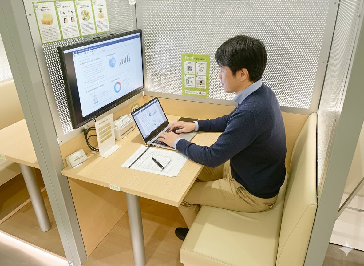 【新宿三丁目駅徒歩1分｜1Sブース】ワークブース／高速Wi-Fi／31.5型モニタ／充電／web商談・面接・MTG・テレワークの写真28