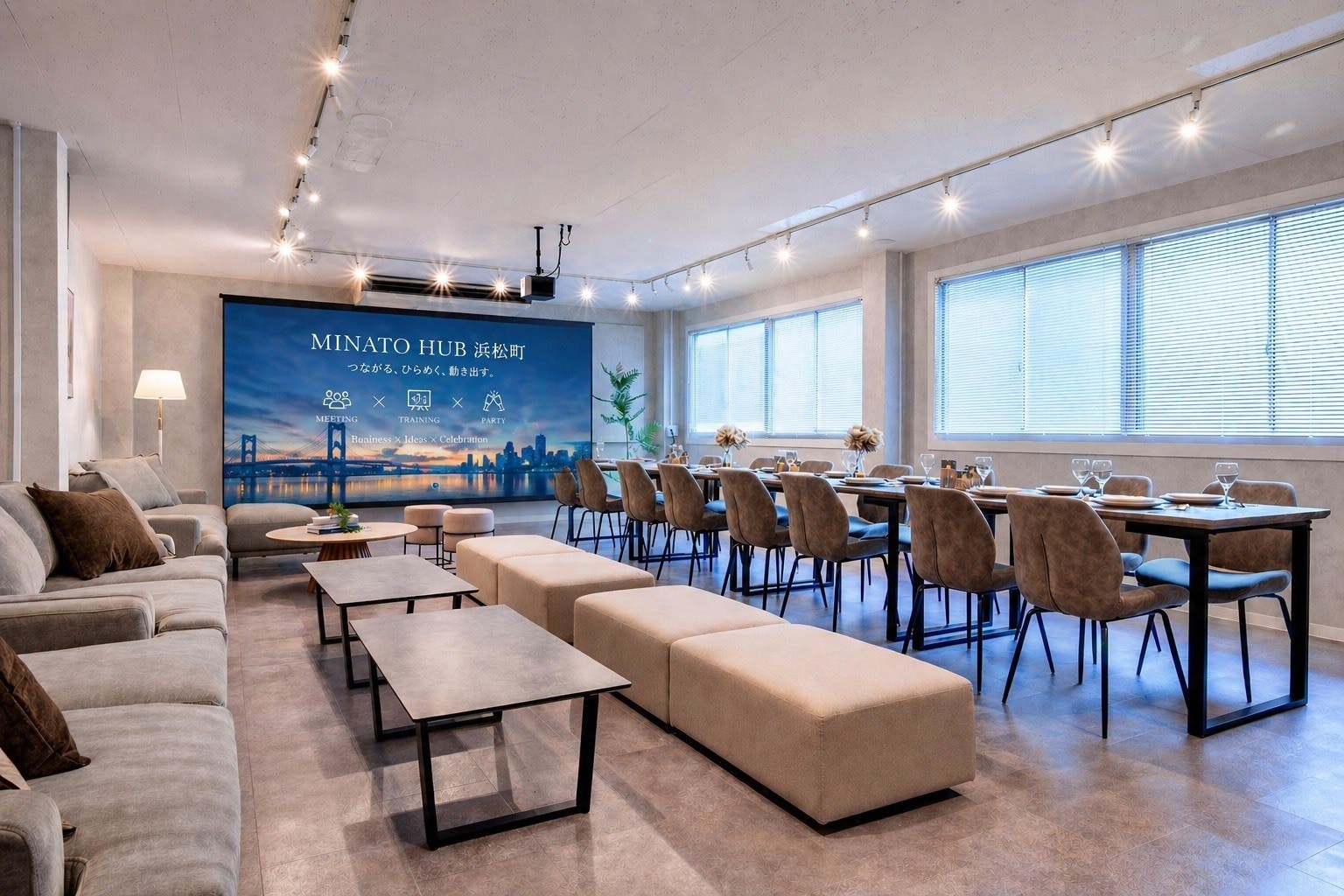 浜松町駅4分🚃最大34名着席🎉大型スクリーン&プロジェクター🎬会議•セミナー💻懇親会🍺持込🆗マイク🎤の写真1