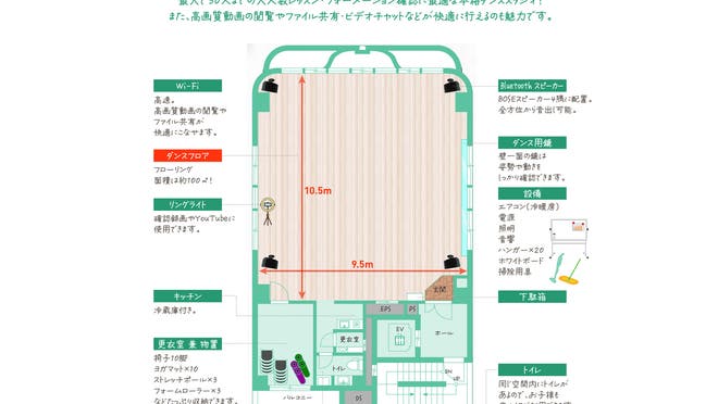 平塚駅2分|10m×10mの巨大なスクエア空間。20人超でも死角なし窮屈さなし。集客し易い駅近スタジオで本番さながらの熱量を💃の写真2