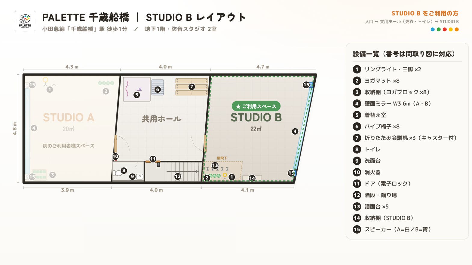 🎊2026年3月オープン🎊【千歳船橋駅 徒歩1分】防音地下スタジオ｜幅3.6m大型鏡・譜面台5台｜楽器・ボイトレ・ダンスOKの写真22