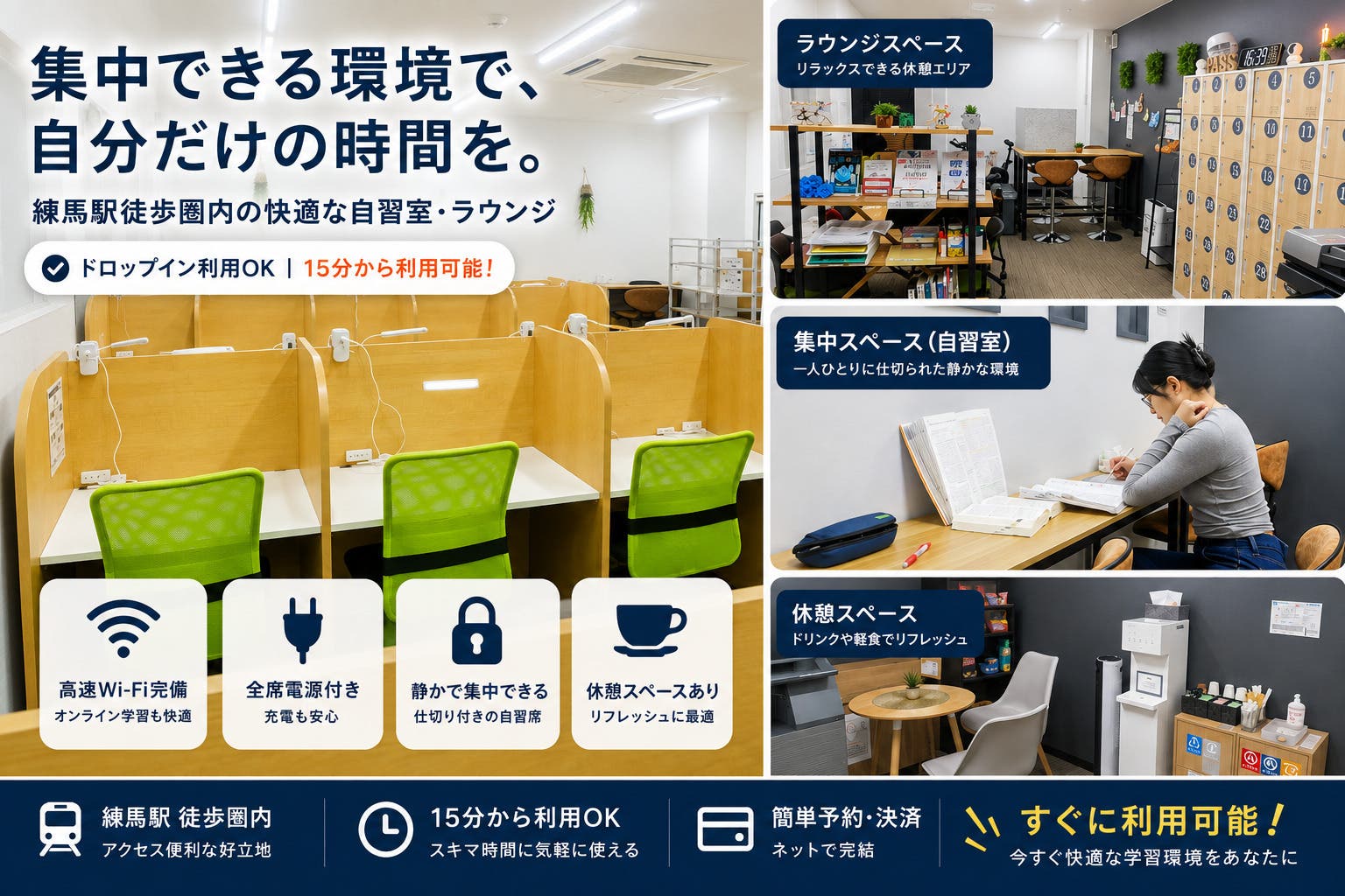 【練馬駅徒歩5分🚶】有料自習室・コワーキングスペースのドロップイン利用｜高速Wi-Fi/複合機/ウォーターサーバー/電源完備の写真1