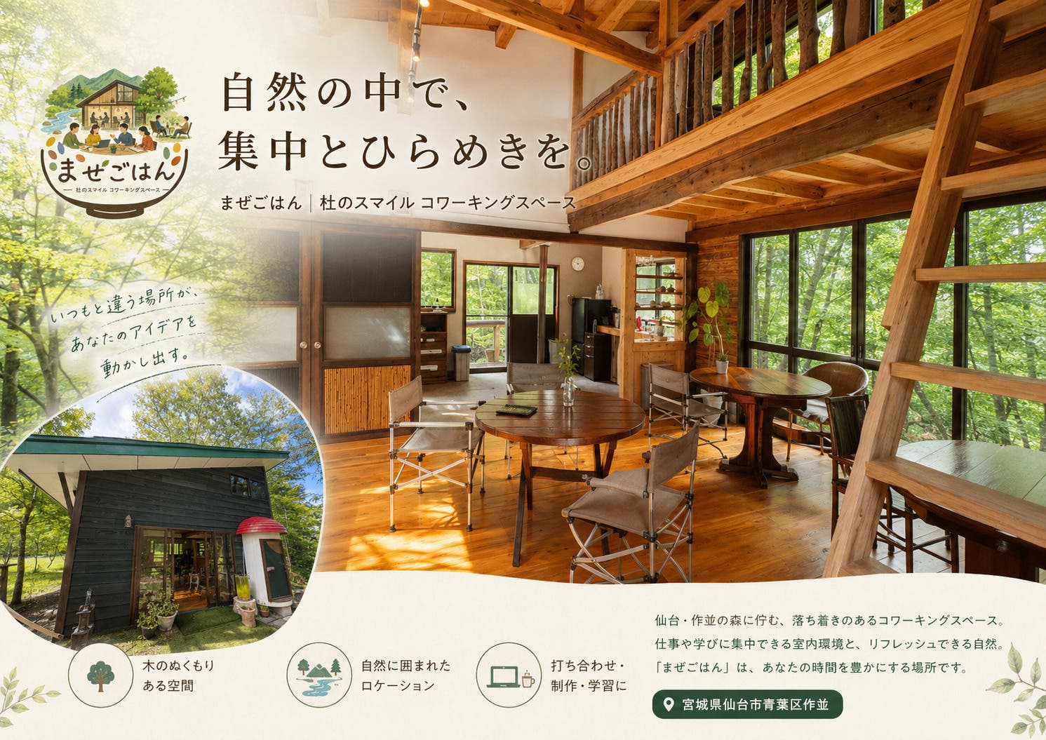 芋煮会利用大歓迎！！新感覚！自然環境で集中＆リラックスが体験できる非日常体験型コワーキングスペースの写真2