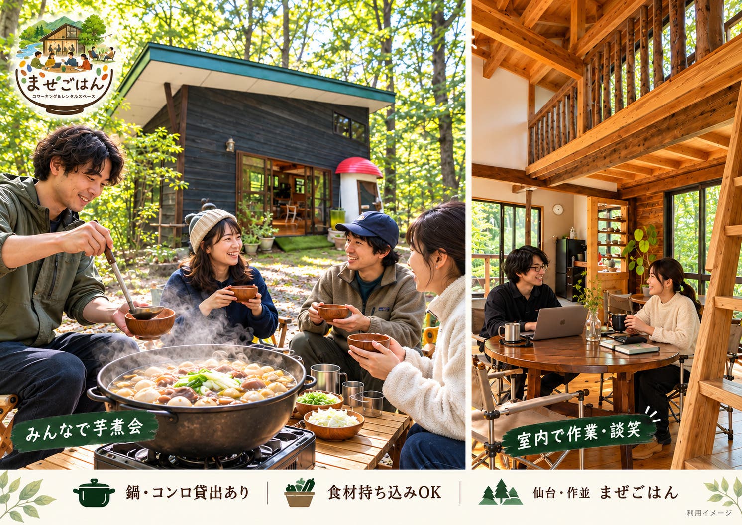 芋煮会利用大歓迎！！新感覚！自然環境で集中＆リラックスが体験できる非日常体験型コワーキングスペースの写真1