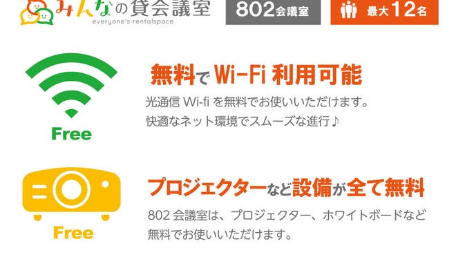 【天神駅徒歩2分】定員10名+予備椅子2名!プロジェクター含む備品・高速Wi-Fi無料!802会議室の写真3