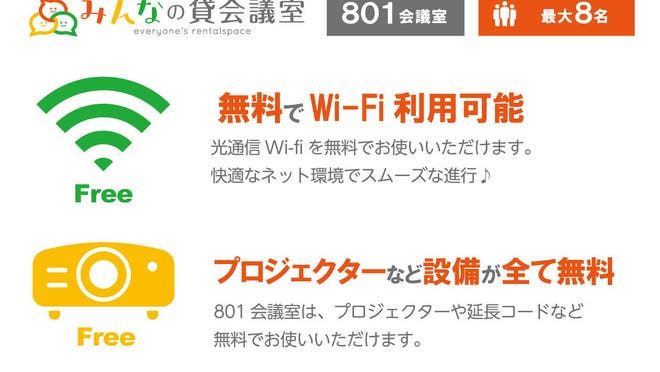 【天神駅徒歩2分】定員6名+予備椅子2名!プロジェクター含む備品・高速Wi-Fi無料!801会議室の写真2