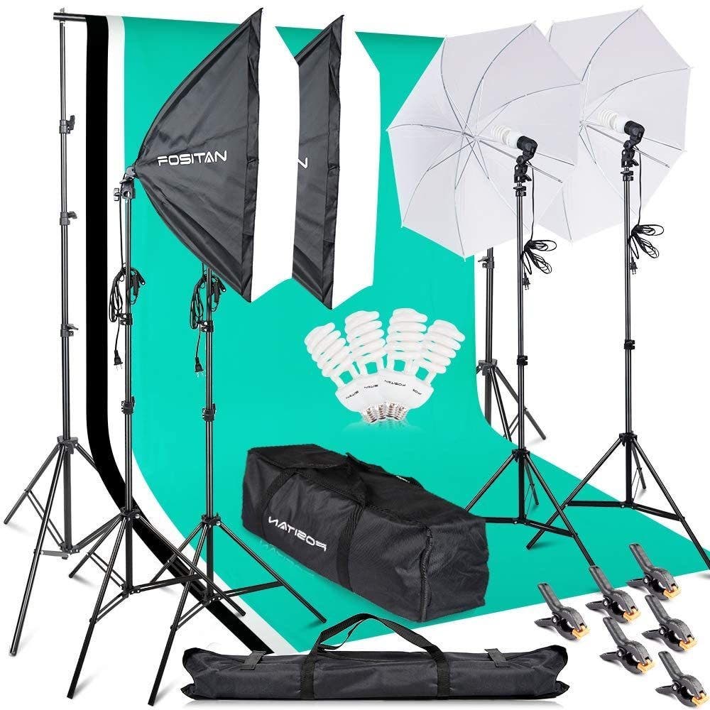 + スタジオライト　撮影照明キット　FOSITAN　2Mx3M背景布システム 5500K 3色背景布（白、黒、緑）の画像1