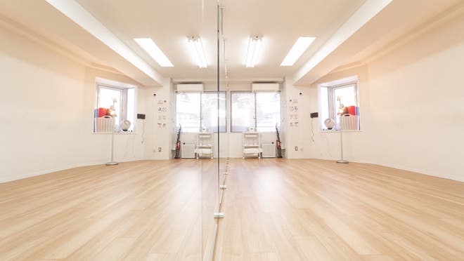 新宿駅D5徒歩30秒 激しいダンス禁止!ヨガ、ピラティス、ベリーダンス、フラダンス、ストレッチ専用/幅5.4m高さ1.8の鏡付きの写真5