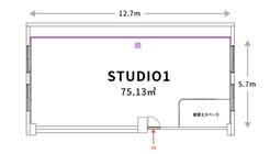 【スタジオ1】府中駅6分/広さ75.1㎡、鏡幅12.7mの大型レンタルスタジオ/バレエ用リノリウム床/各種教室利用におすすめの間取り図1
